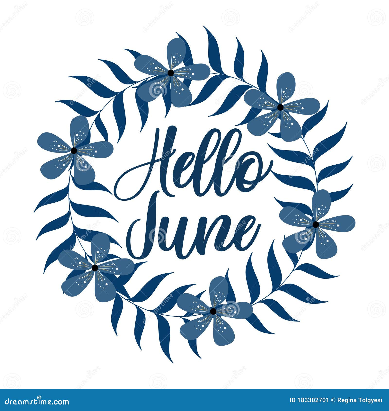 Hello June Calligraphy in Blue Palm Leaves and Hibiscus Wreath. Stock ...