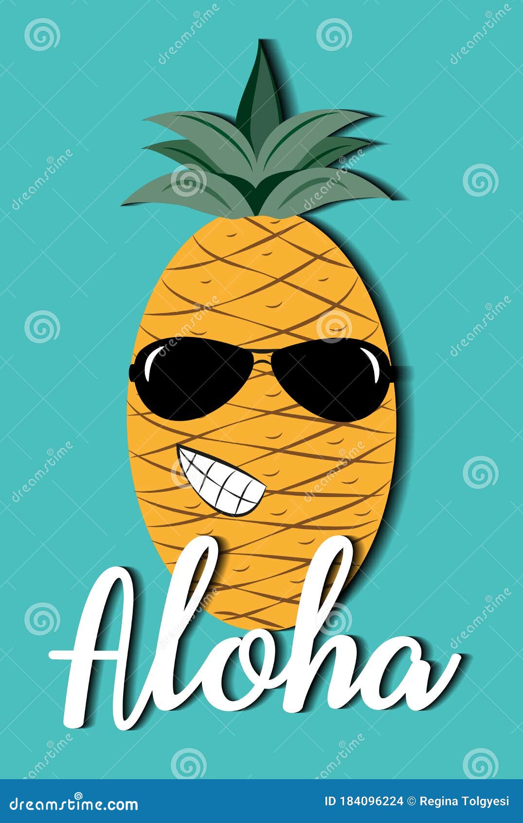 Aloha Calligraphy with Cute Smiley Pineapple in Sunglasses. Stock ...