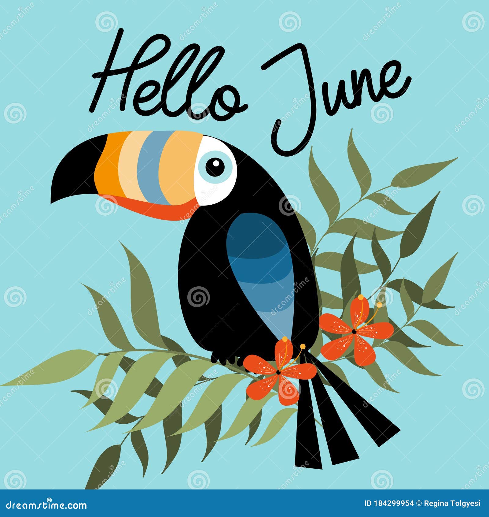 Hello June Calligraphy with Toucan Bird, Palm Leaves and Hibiscus ...