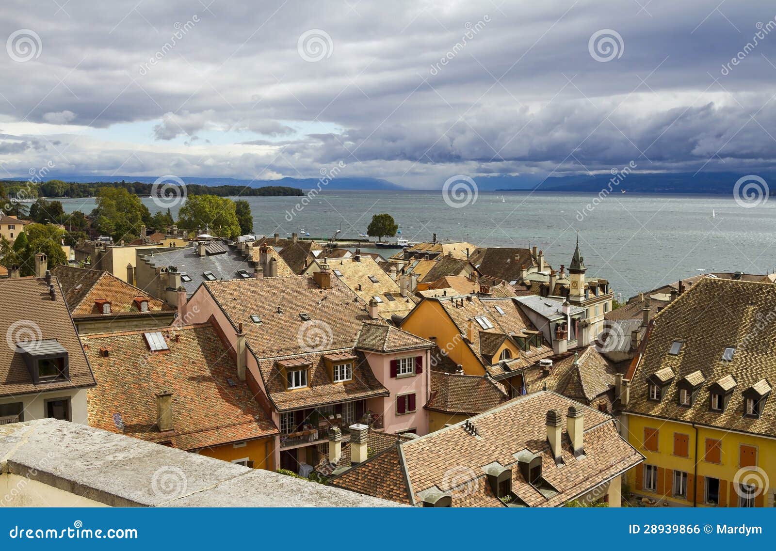 Nyon roofs and lake Geneva stock photo. Image of cafe - 28939866
