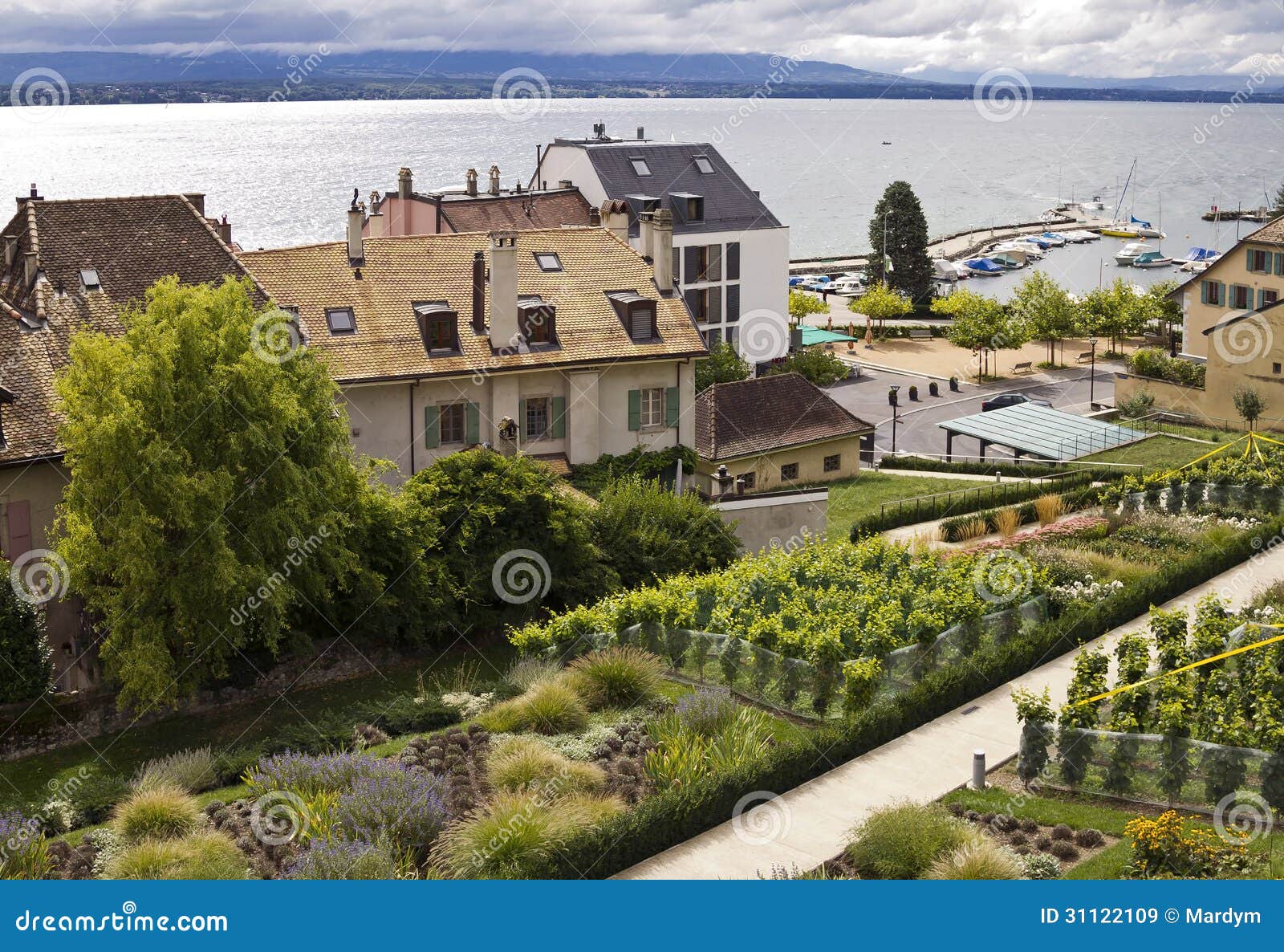 Nyon town and lake Geneva stock image. Image of boating - 31122109