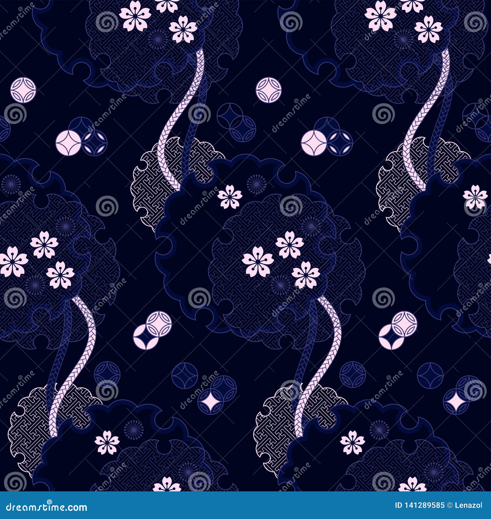 Seamless Vector Japanese Dark Blue Pattern with Circles and Plants ...