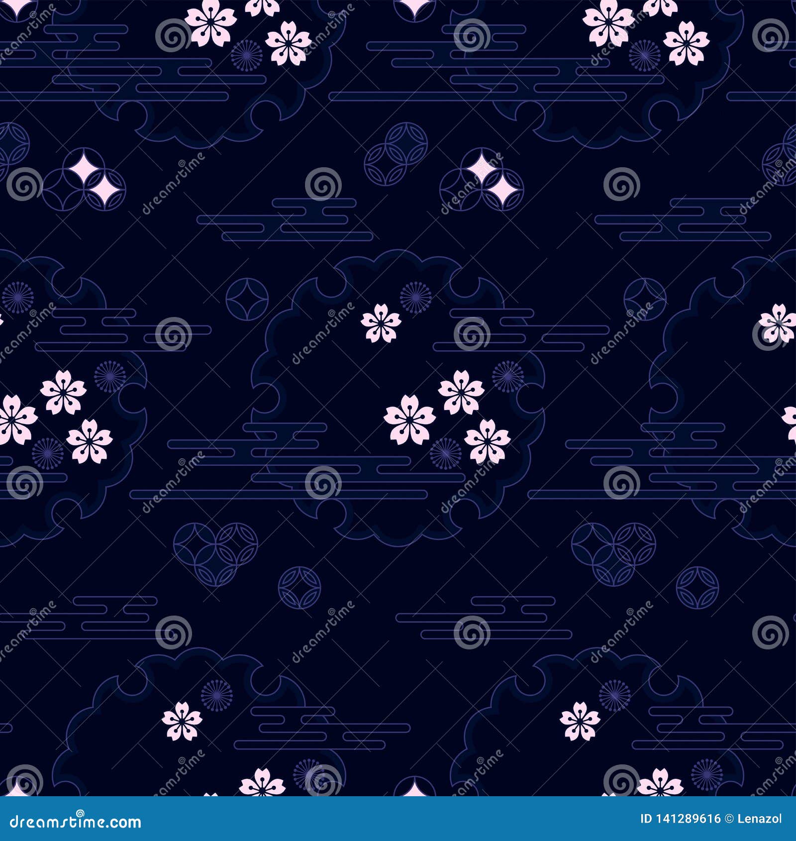 Seamless Vector Japanese Dark Blue Pattern with Circles and Plants ...