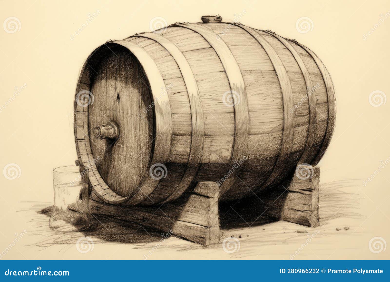 Oak Barrel for Alcoholic Fermentation Pencil Drawing Vintage ...