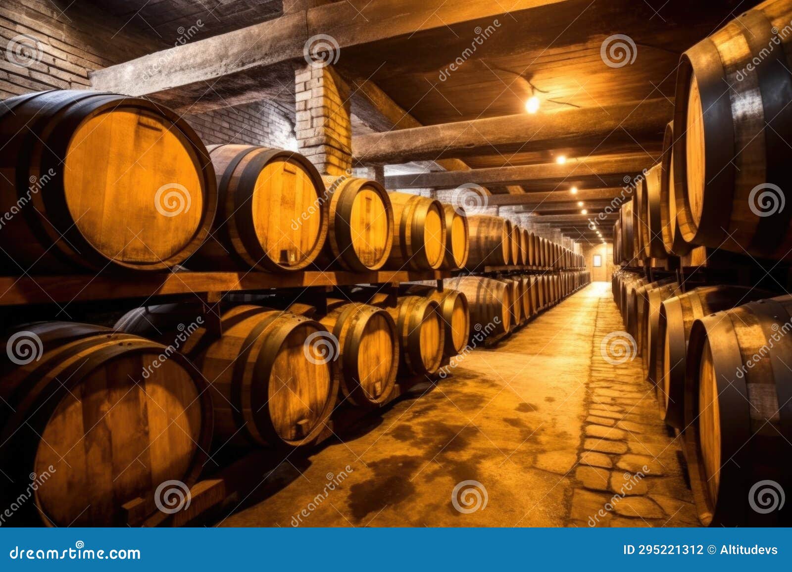 Oak Barrels Aging Whiskey in a Well-lit Distillery Stock Photo - Image ...