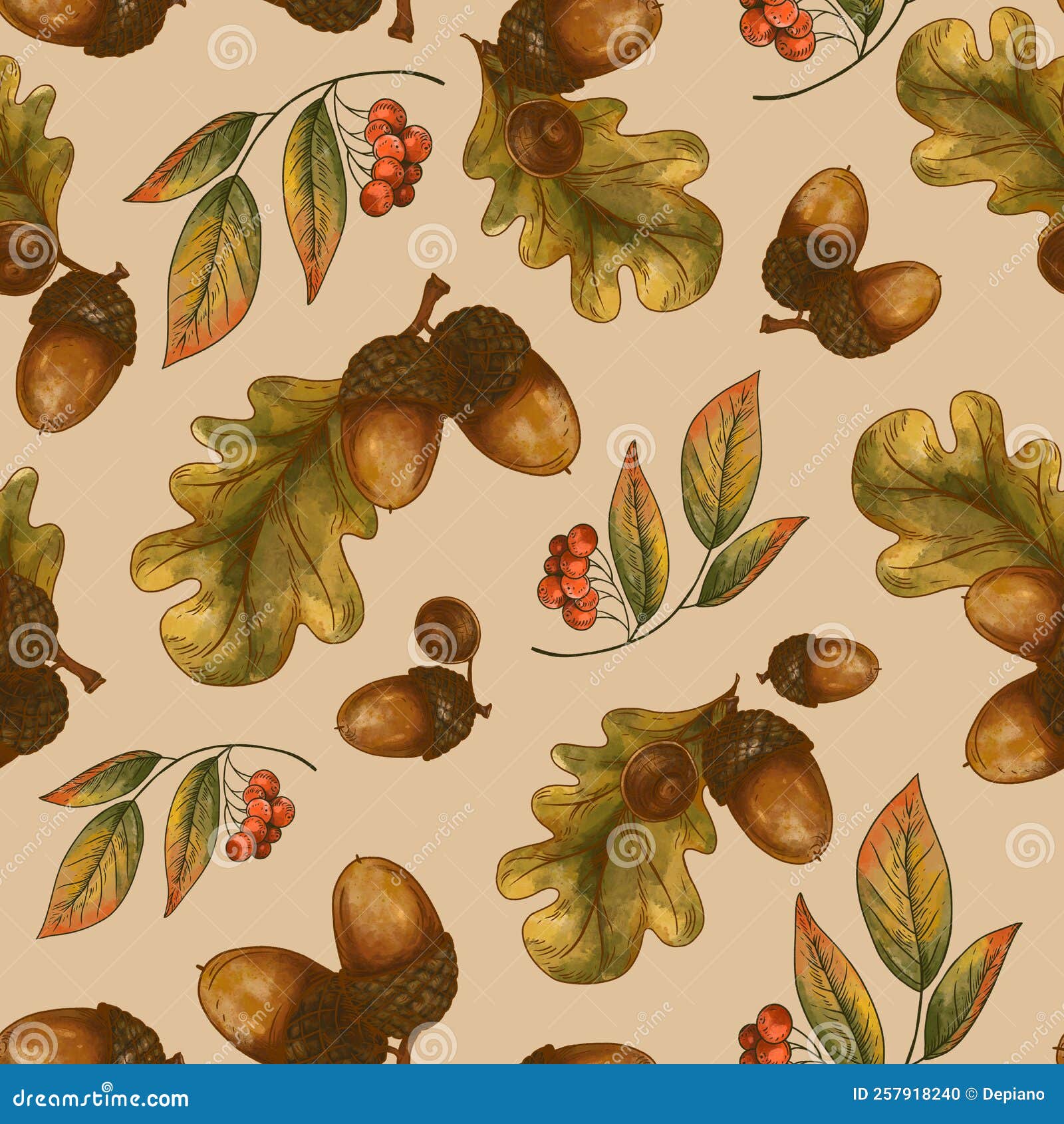 Oak Fall Leaves Seamless Pattern, Autumn Acorn Texture Stock Photo ...