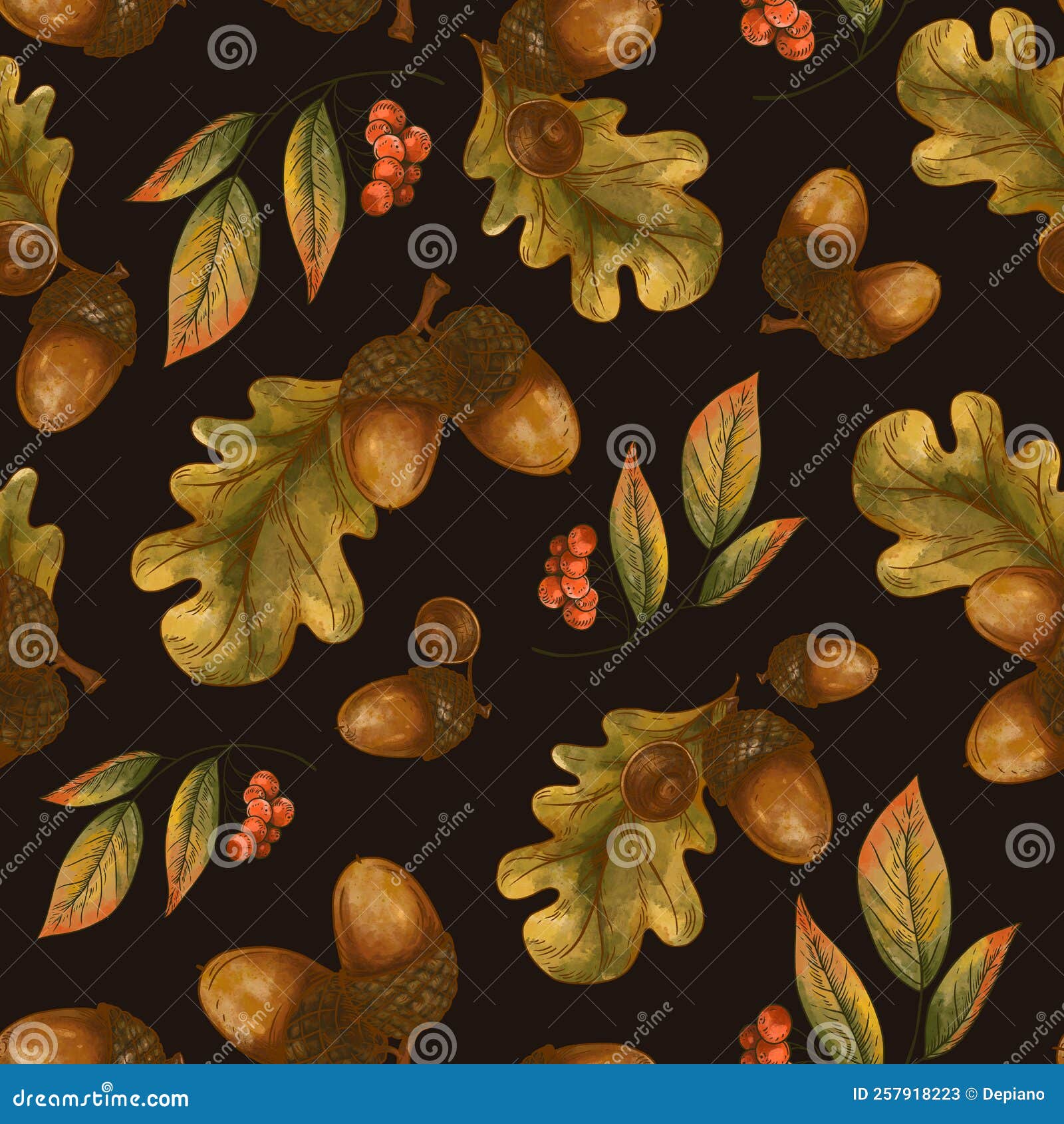 Oak Fall Leaves Seamless Pattern, Autumn Acorn Texture Stock Image ...