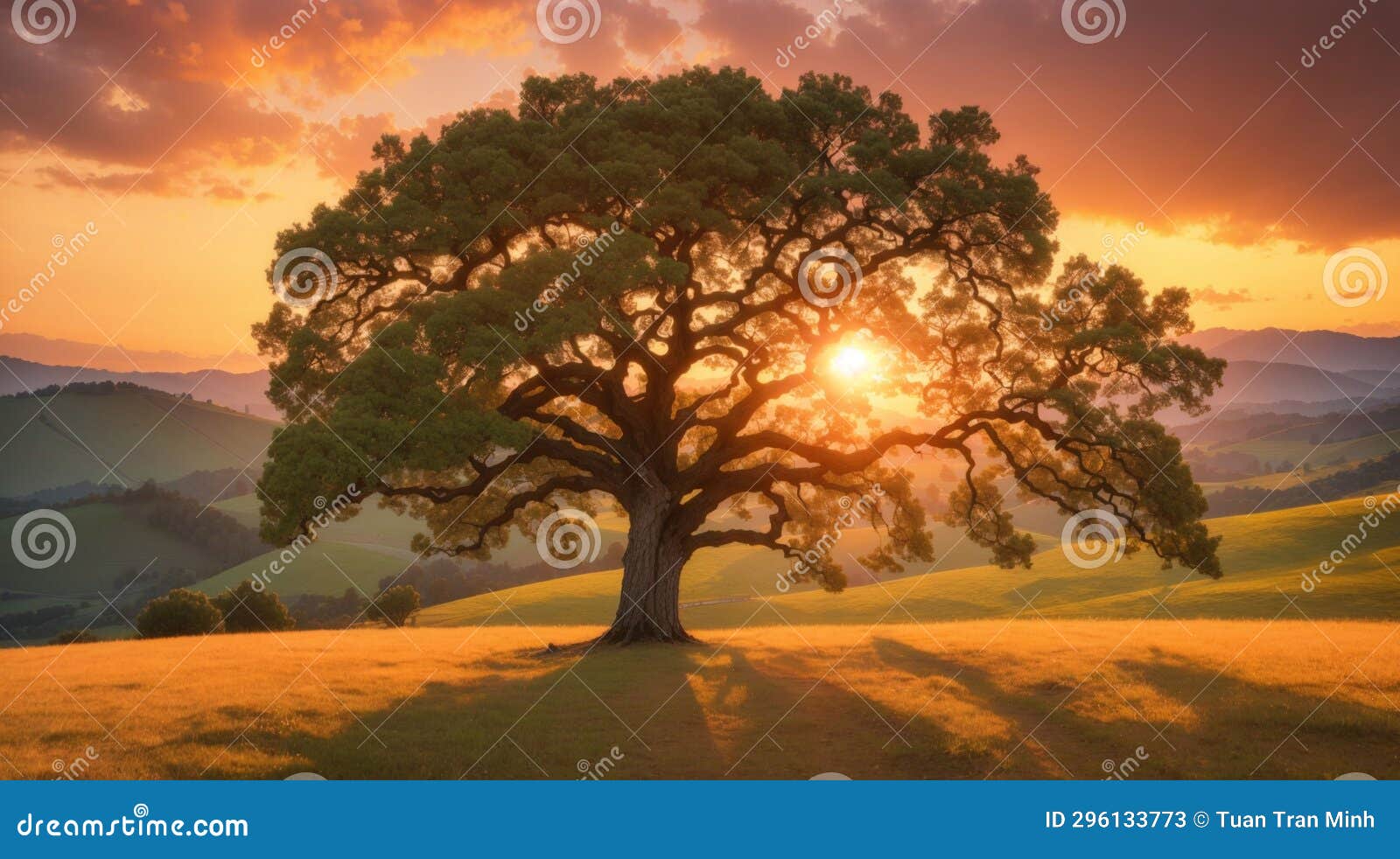 Oak Tree and Sunset Background Stock Illustration - Illustration of ...