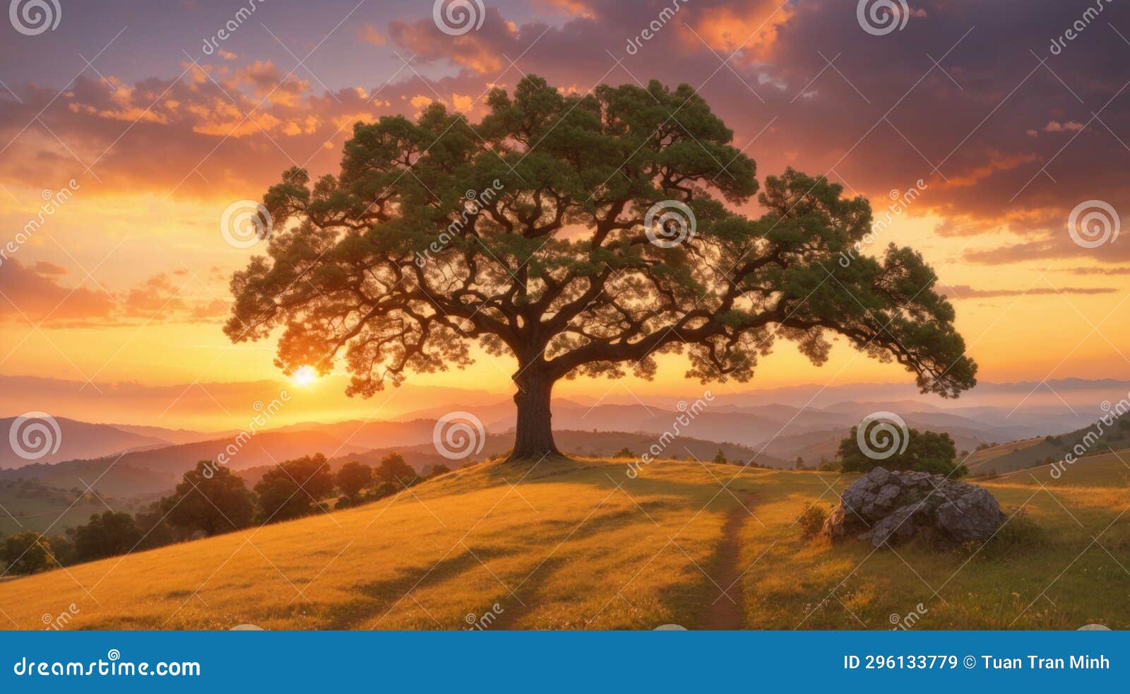 Oak Tree and Sunset Background Stock Image - Image of evening, savanna ...