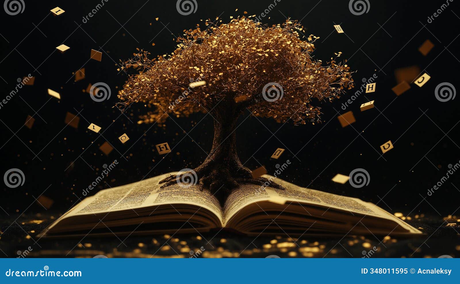 Oak Tree Growing from an Open Book and Letters Flying Stock Image ...