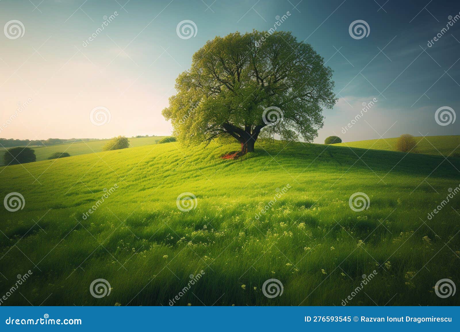 Oak Tree in Meadow. Calming Landscape of a Meadow with an Oak Tree in ...