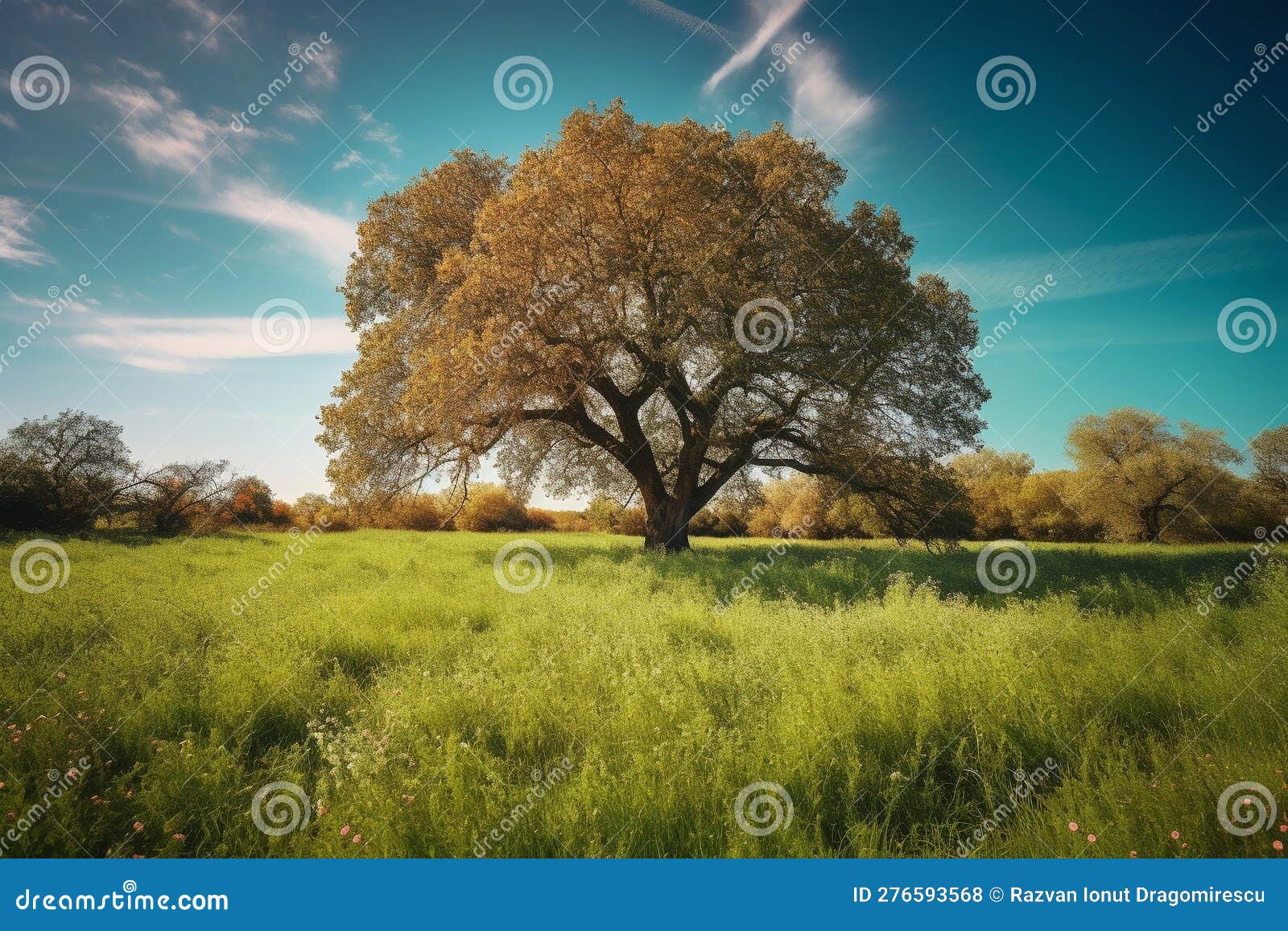 Oak Tree in Meadow. Calming Landscape of a Meadow with an Oak Tree in ...