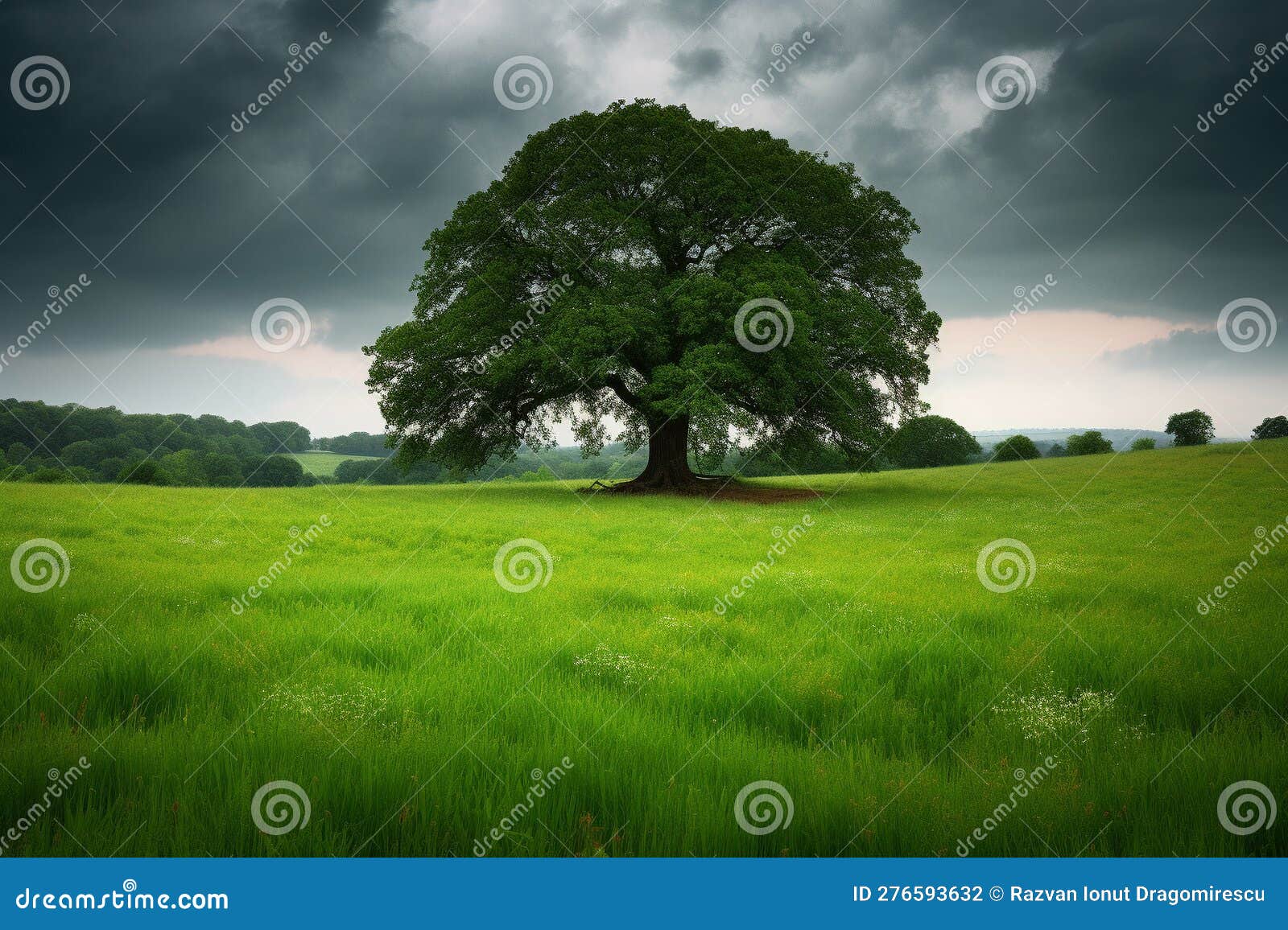 Oak Tree in Meadow. Calming Landscape of a Meadow with an Oak Tree in ...