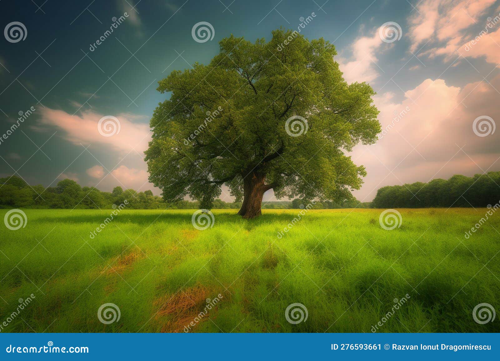 Oak Tree in Meadow. Calming Landscape of a Meadow with an Oak Tree in ...