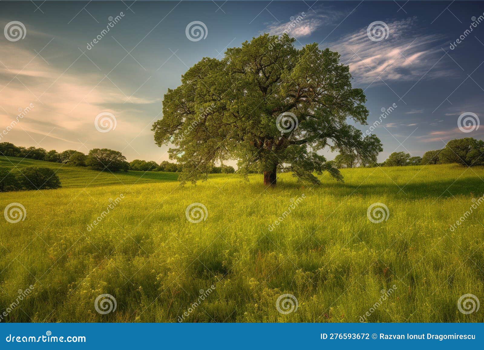 Oak Tree in Meadow. Calming Landscape of a Meadow with an Oak Tree in ...