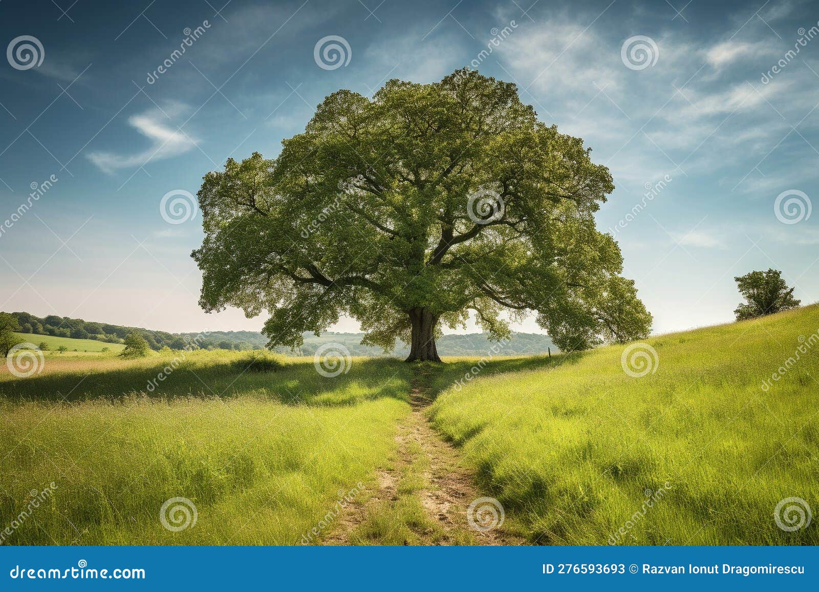 Oak Tree in Meadow. Calming Landscape of a Meadow with an Oak Tree in ...