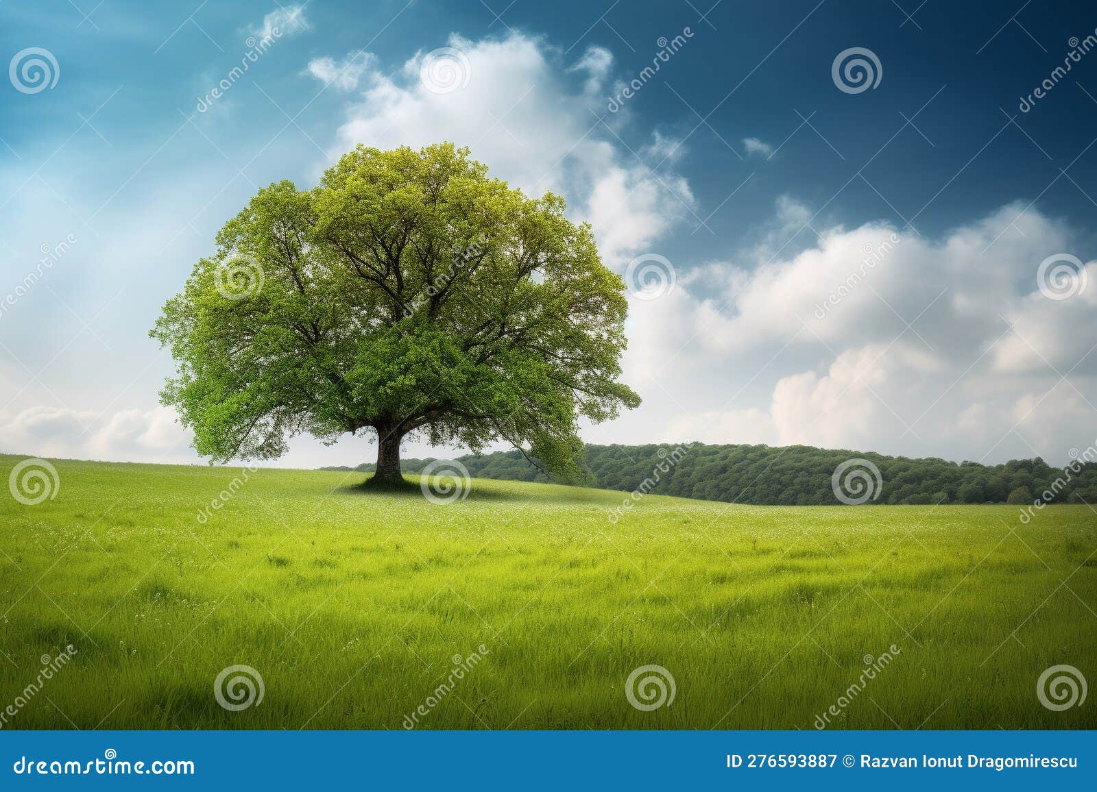 Oak Tree in Meadow. Calming Landscape of a Meadow with an Oak Tree in ...