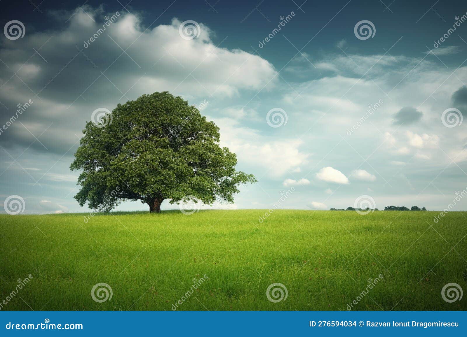 Oak Tree in Meadow. Calming Landscape of a Meadow with an Oak Tree in ...