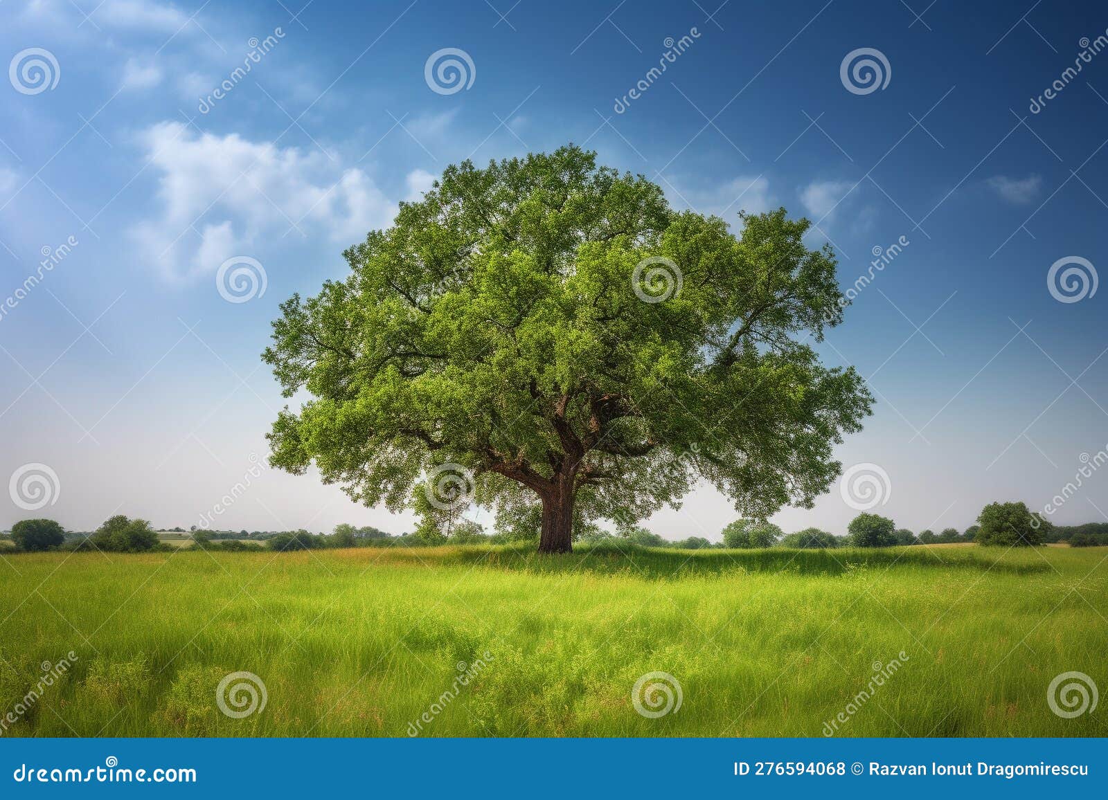 Oak Tree in Meadow. Calming Landscape of a Meadow with an Oak Tree in ...
