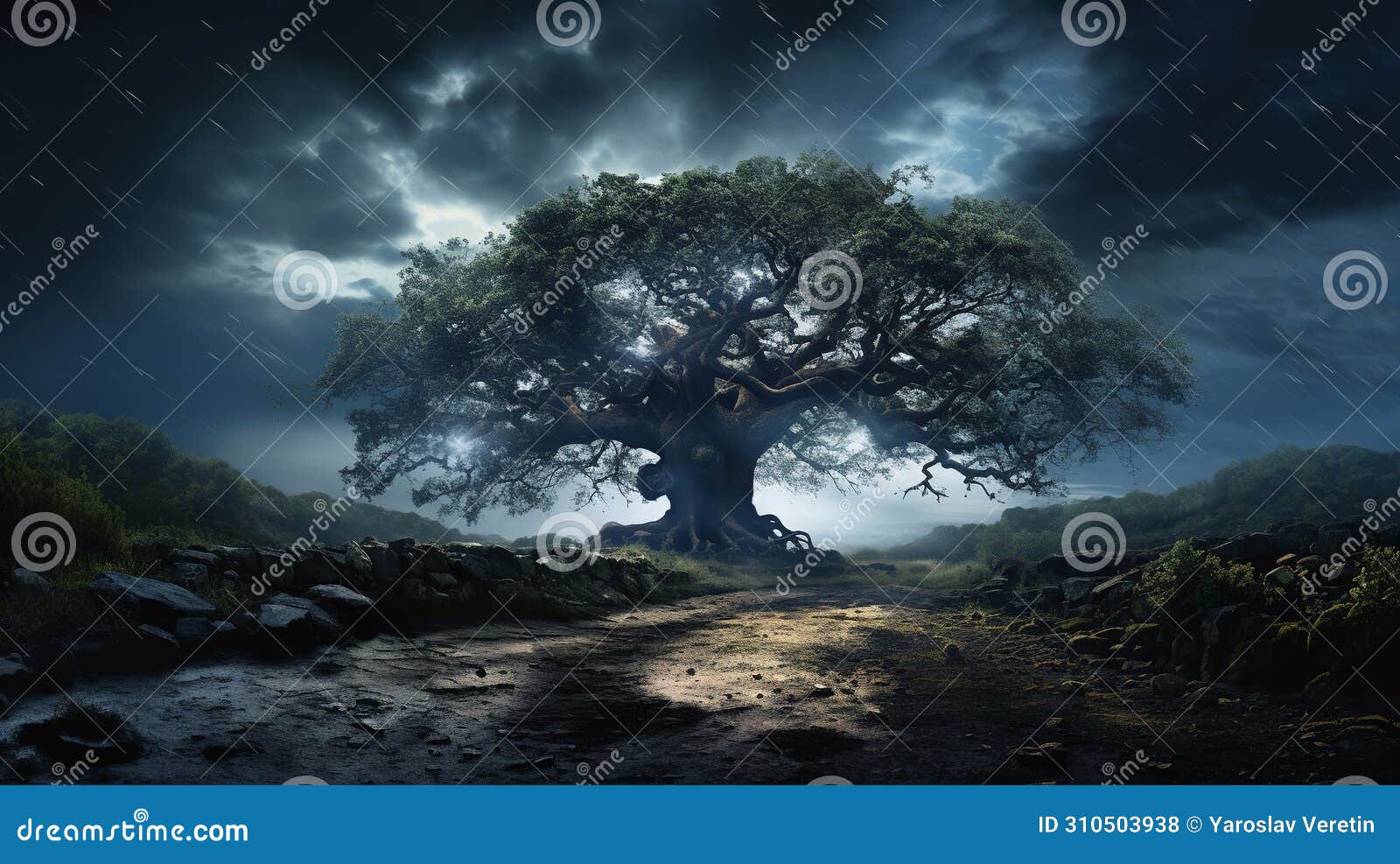 Oak Tree Obstructing the Dirt Road, Creating a Unique Scene Stock Photo ...