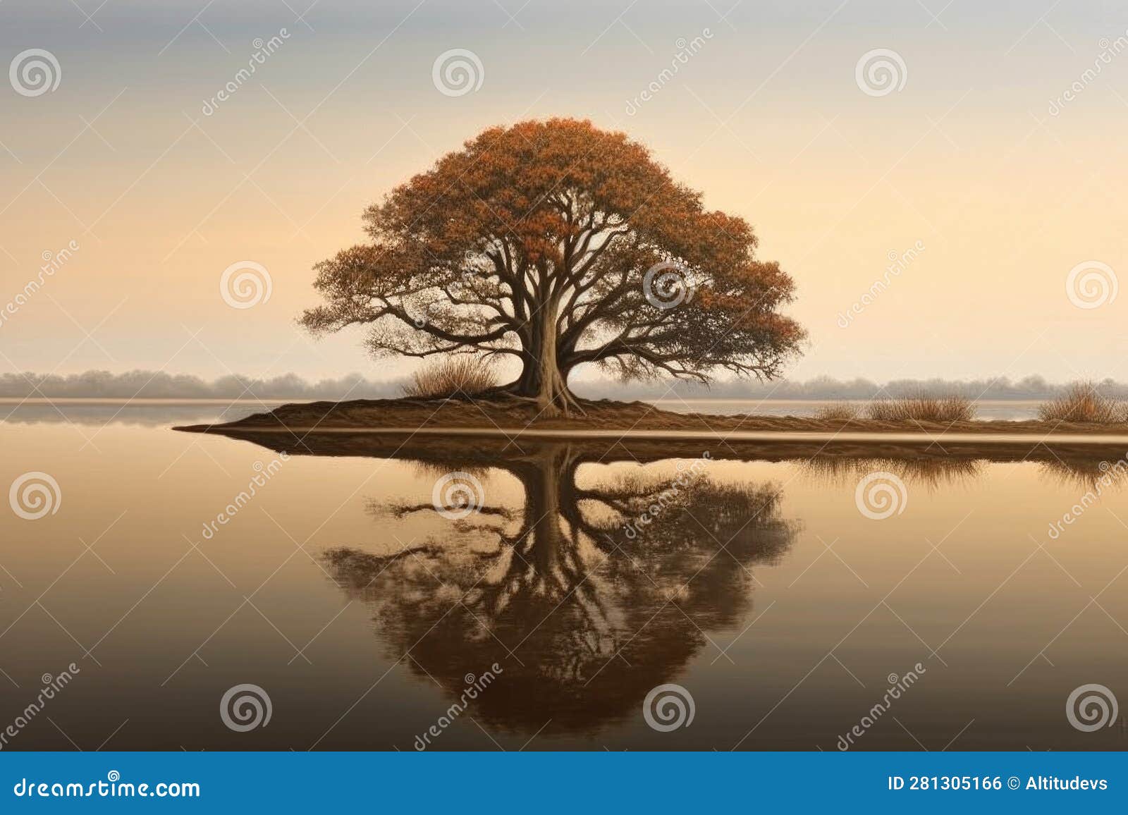 Oak Tree Reflecting on Calm Lake Surface Stock Photo - Image of lake ...