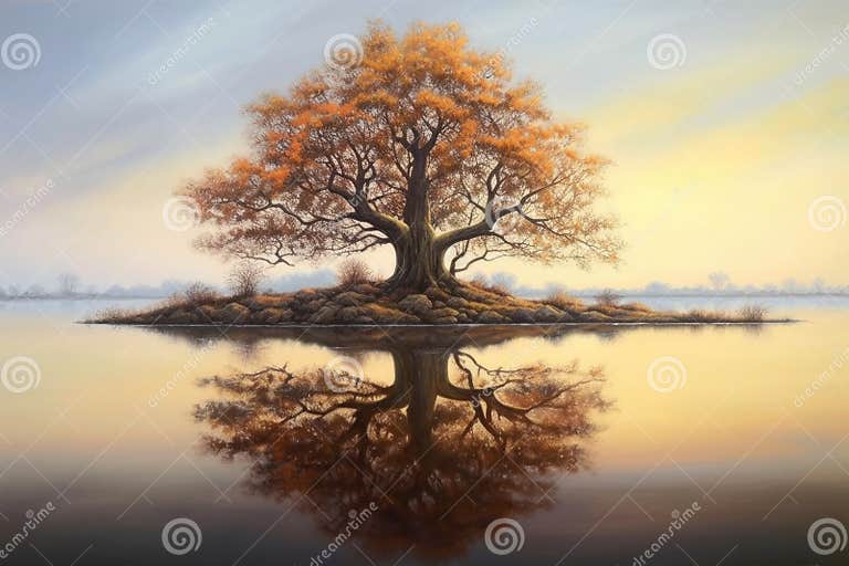 Oak Tree Reflection on Calm Lake Surface Stock Illustration ...