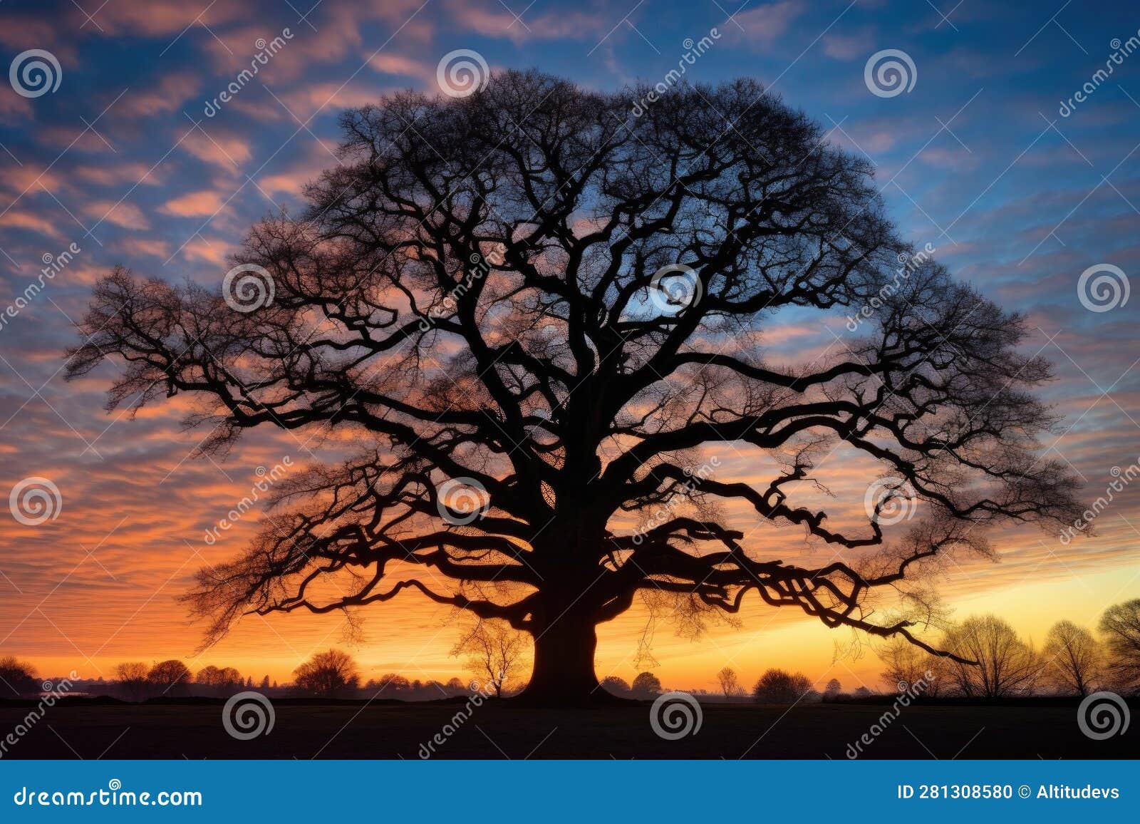 Oak Tree Silhouette Against Sunset Sky Stock Illustration ...