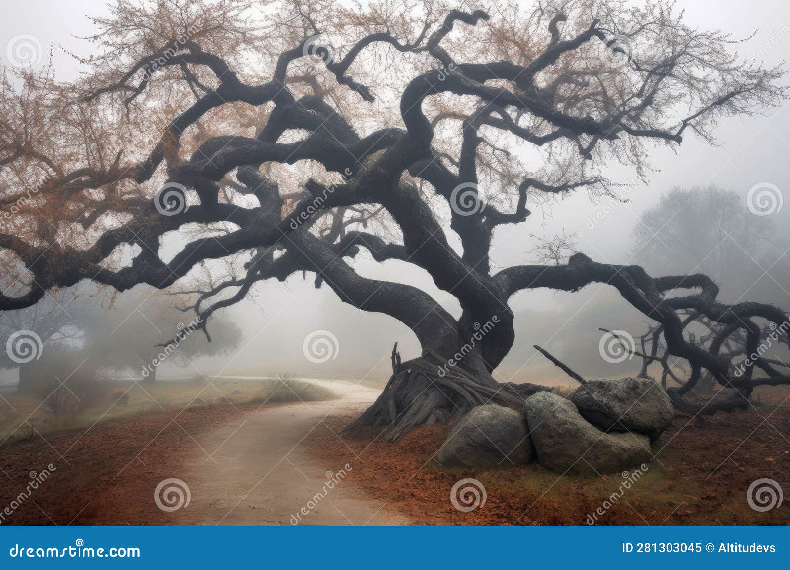 Oak Tree with Twisted Branches in Fog Stock Illustration - Illustration ... Oak Tree with Twisted Branches in Fog Stock Illustration - Illustration ...