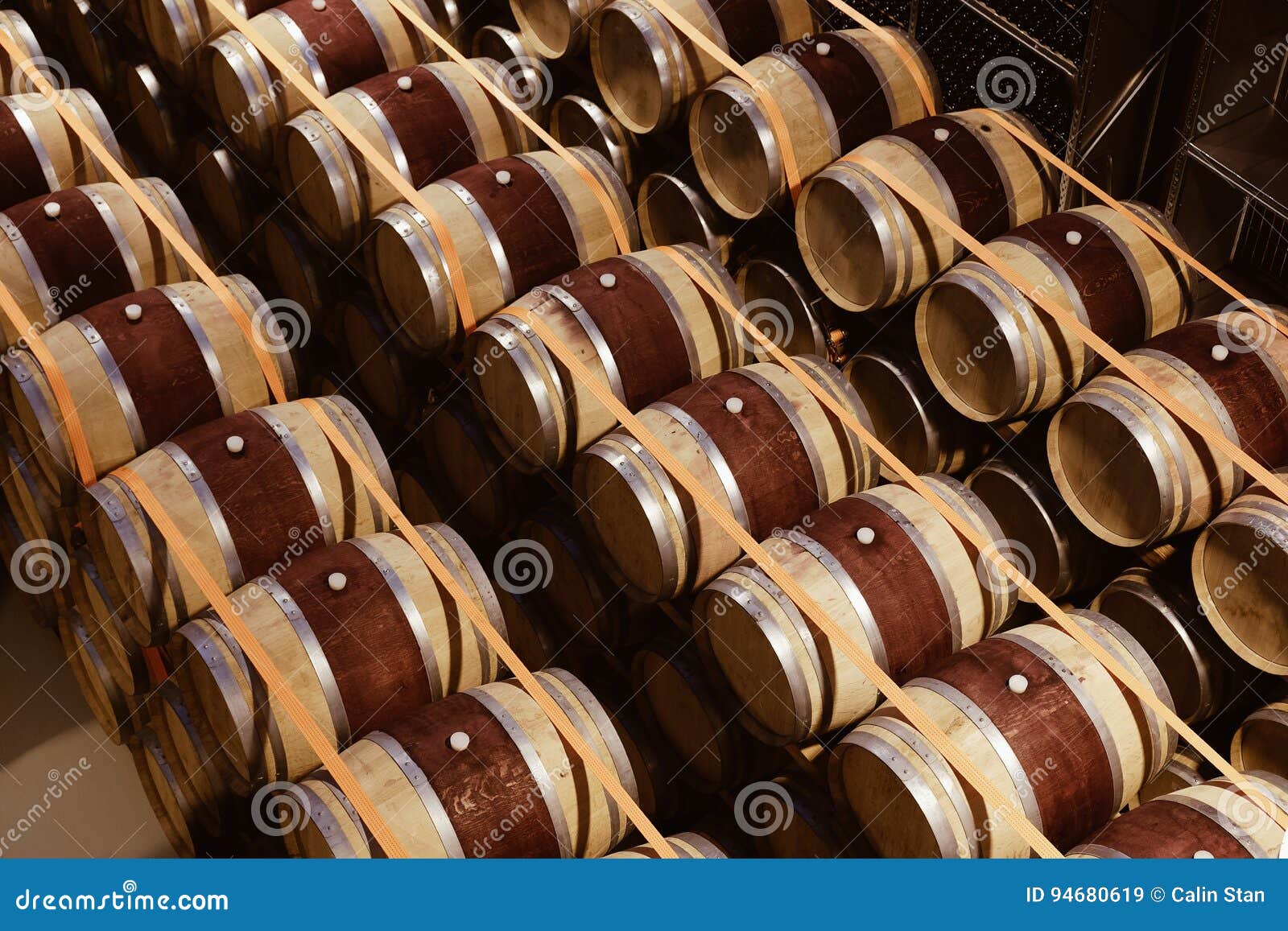 Oak Wine Barrels Stacked in Modern Winery. View from Above Stock Image ...