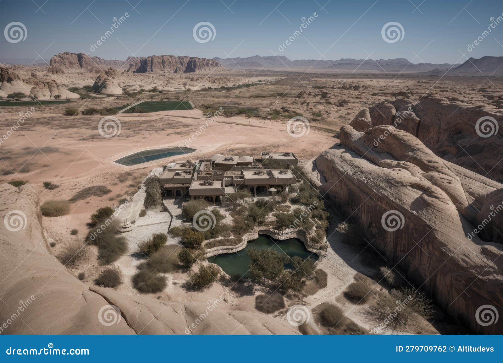 Oasis with Bird S-eye View of the Desert, Surrounded by Towering Rock ...
