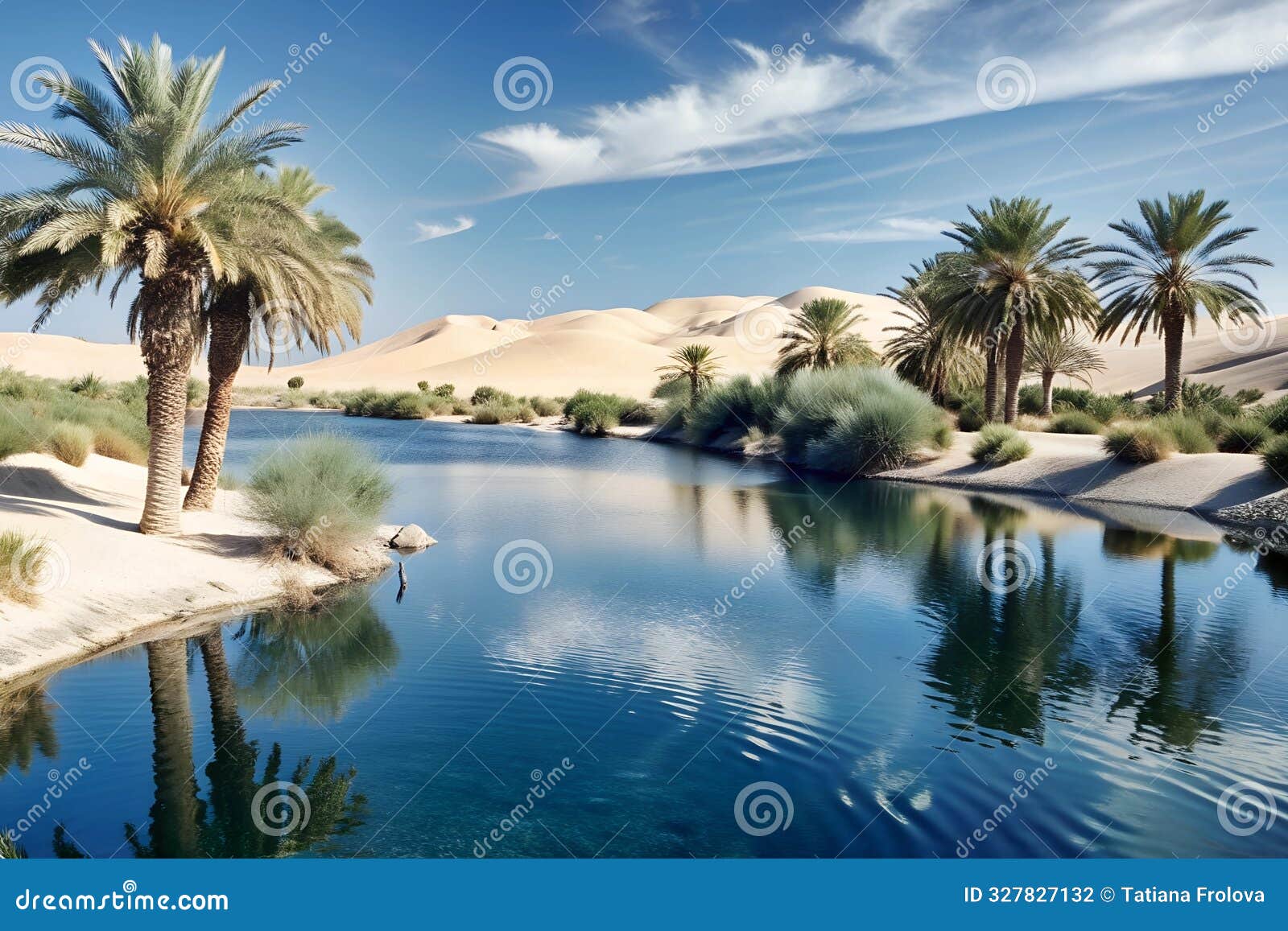 Oasis with a Blue Lagoon and Palm Trees in the Desert, White Clouds in ...