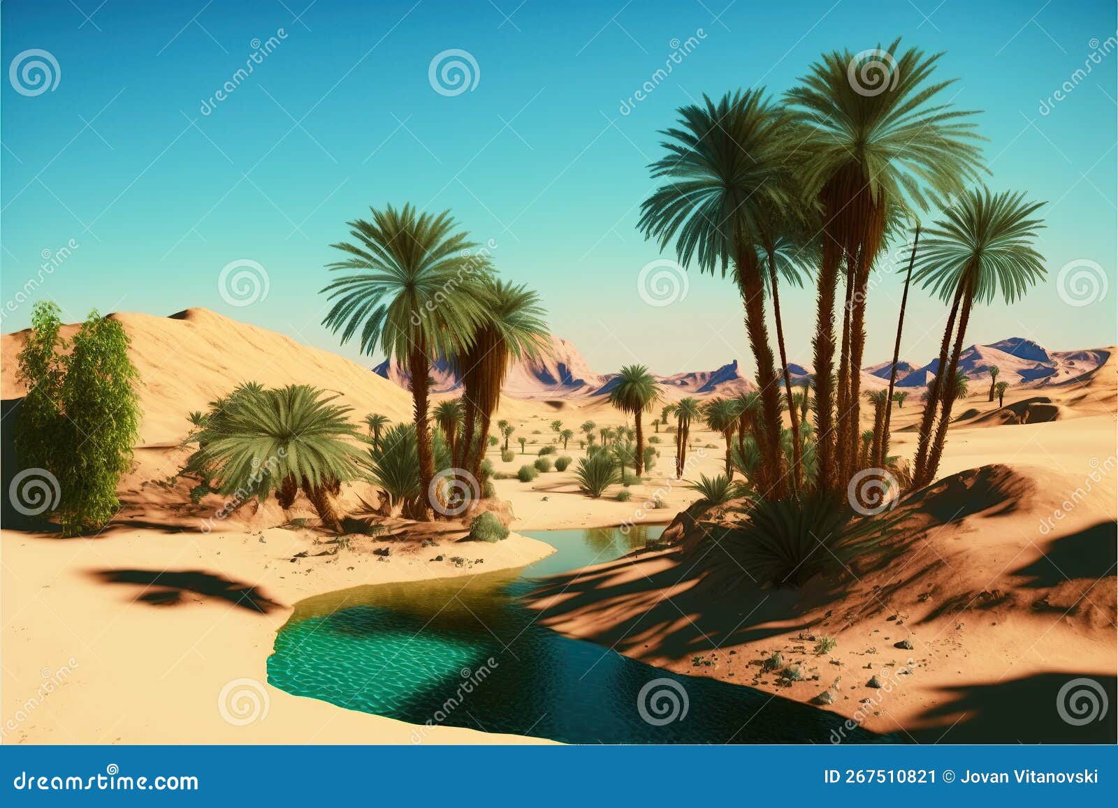 Oasis in the desert stock illustration. Illustration of desert - 267510821