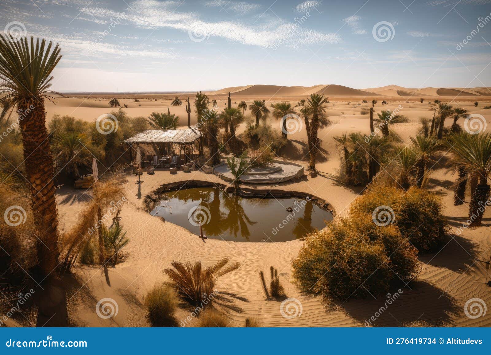 Oasis in the Middle of a Desert, Surrounded by Sand Dunes and Cacti ...