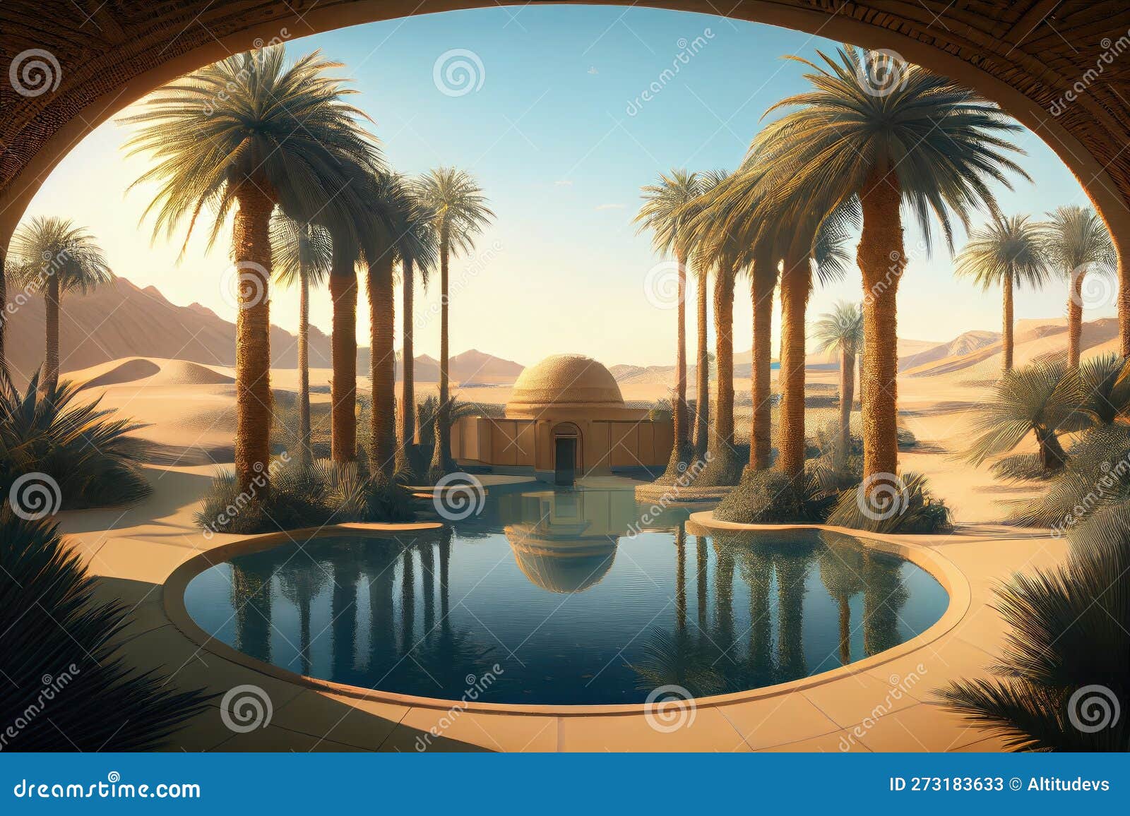 Oasis with Pool Surrounded by Palm Trees in the Middle of the Desert ...