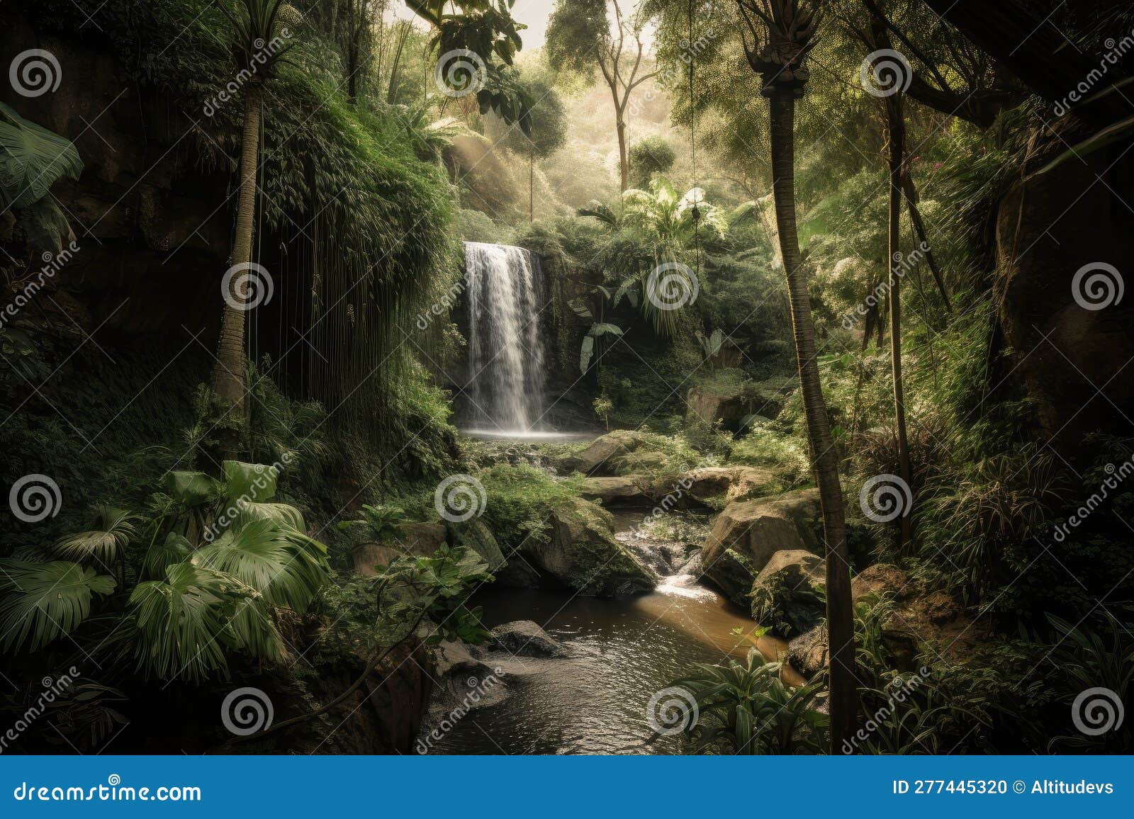 Oasis with Rushing Waterfall Surrounded by Lush Greenery Stock Photo ...