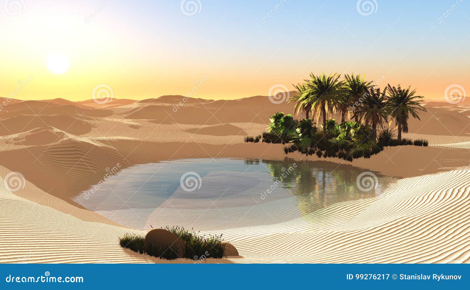 Oasis in the sandy desert stock illustration. Illustration of rendering ...