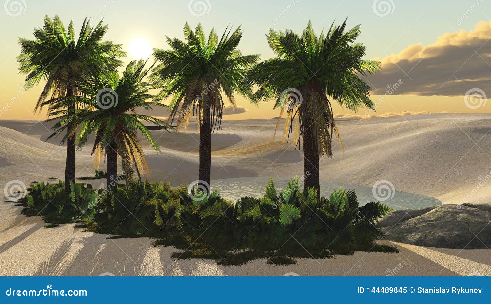 Oasis at Sunset in a Sandy Desert Stock Illustration - Illustration of ...
