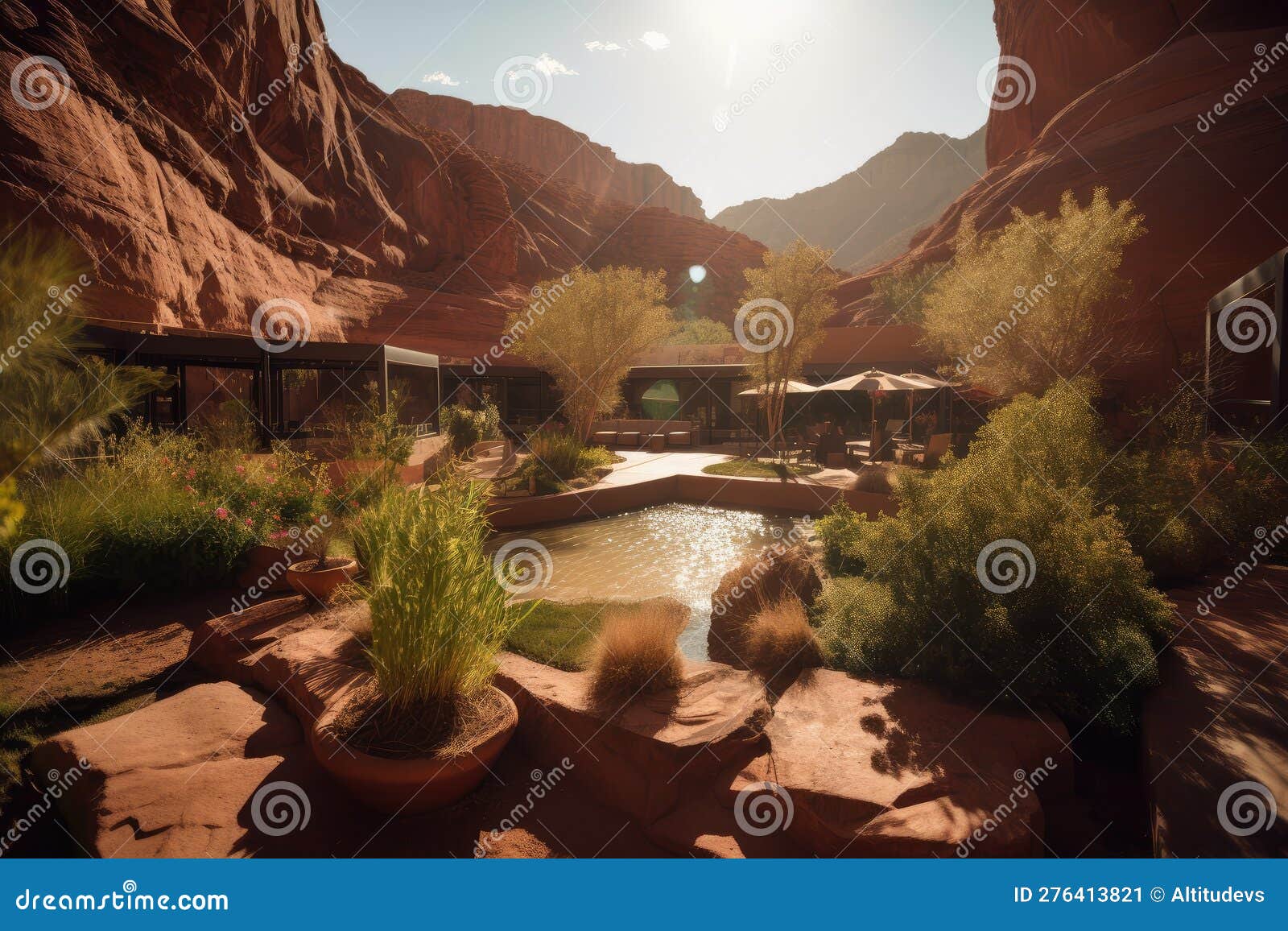 Oasis Surrounded by Red Rocks and Cliffs, with Sunlight Filtering ...