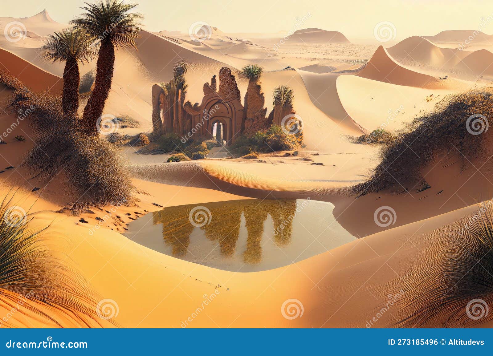 Oasis Surrounded by Towering Dunes, with Rolling Waves of Sand Stock ...