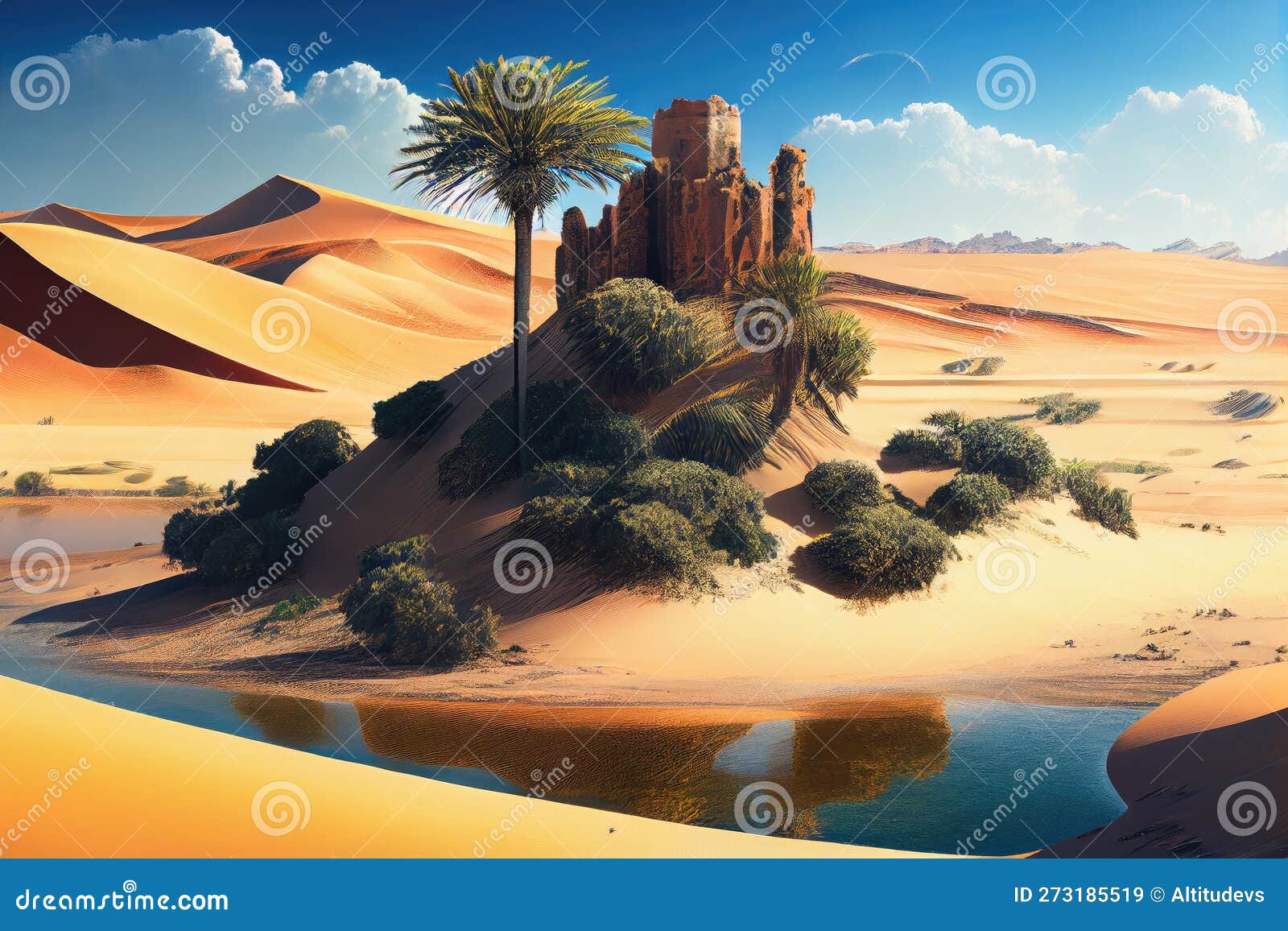 Oasis Surrounded by Towering Dunes, with Rolling Waves of Sand Stock ...