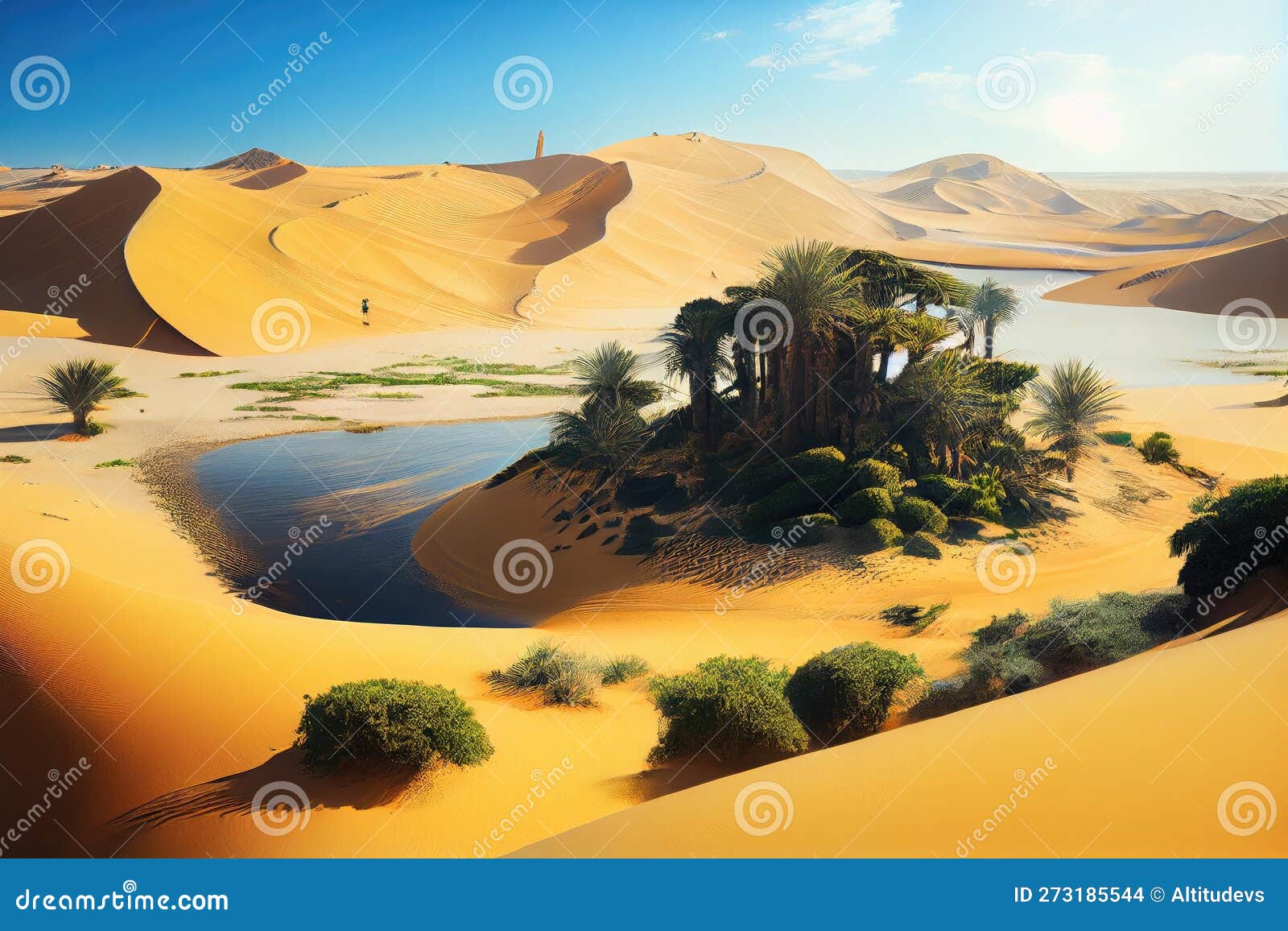 Oasis Surrounded by Towering Dunes, with Rolling Waves of Sand Stock ...
