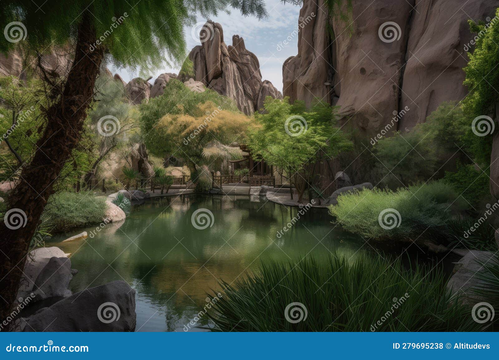 Oasis Surrounded by Towering Rock Formations and Lush Greenery Stock ...