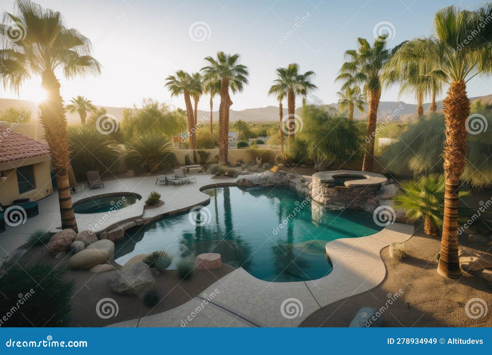 Oasis With Swimming Pool And Hot Tub Surrounded By Palm Trees And
