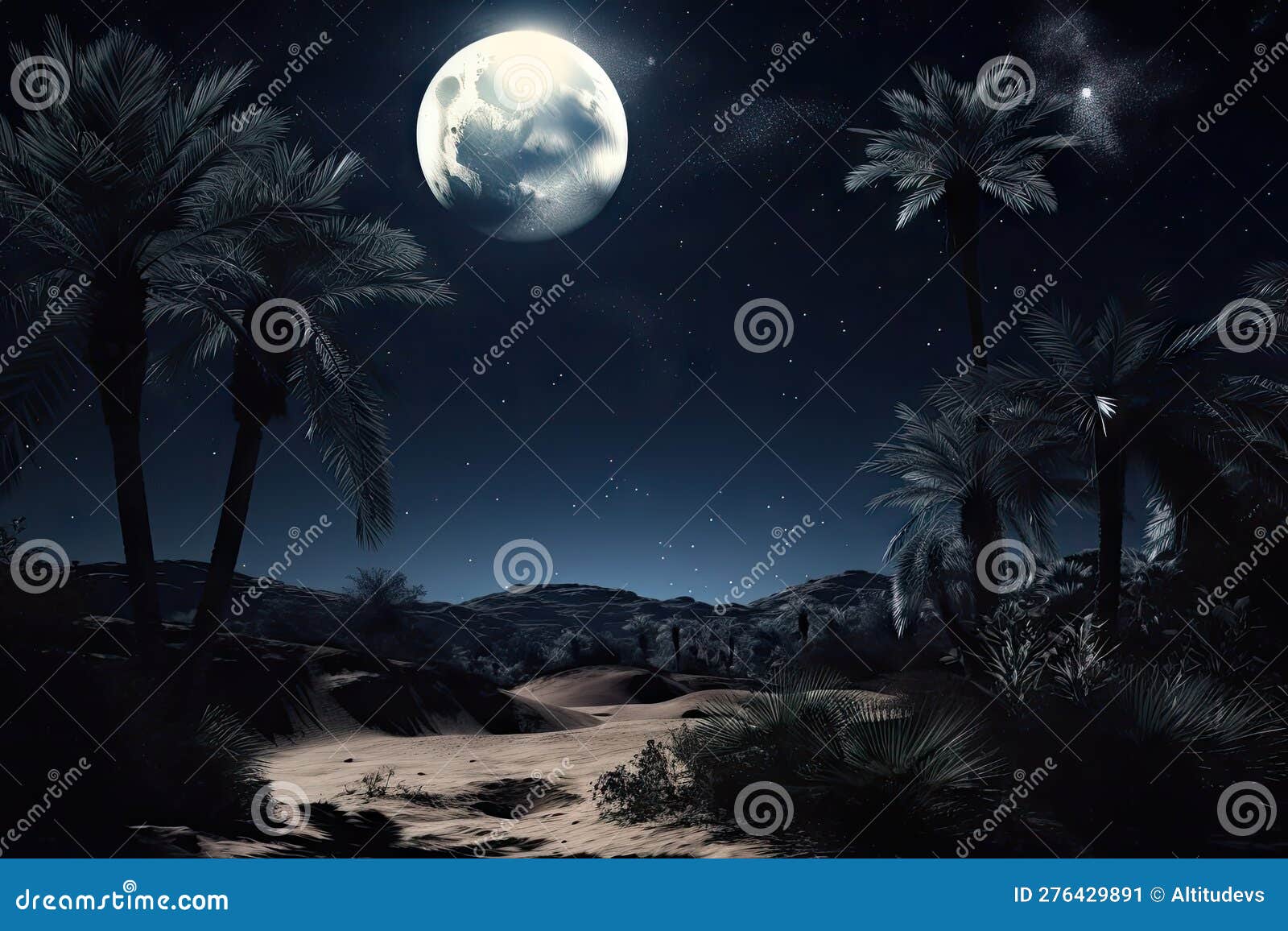 Oasis with View of the Stars and Moon in a Starry Night Sky Stock ...