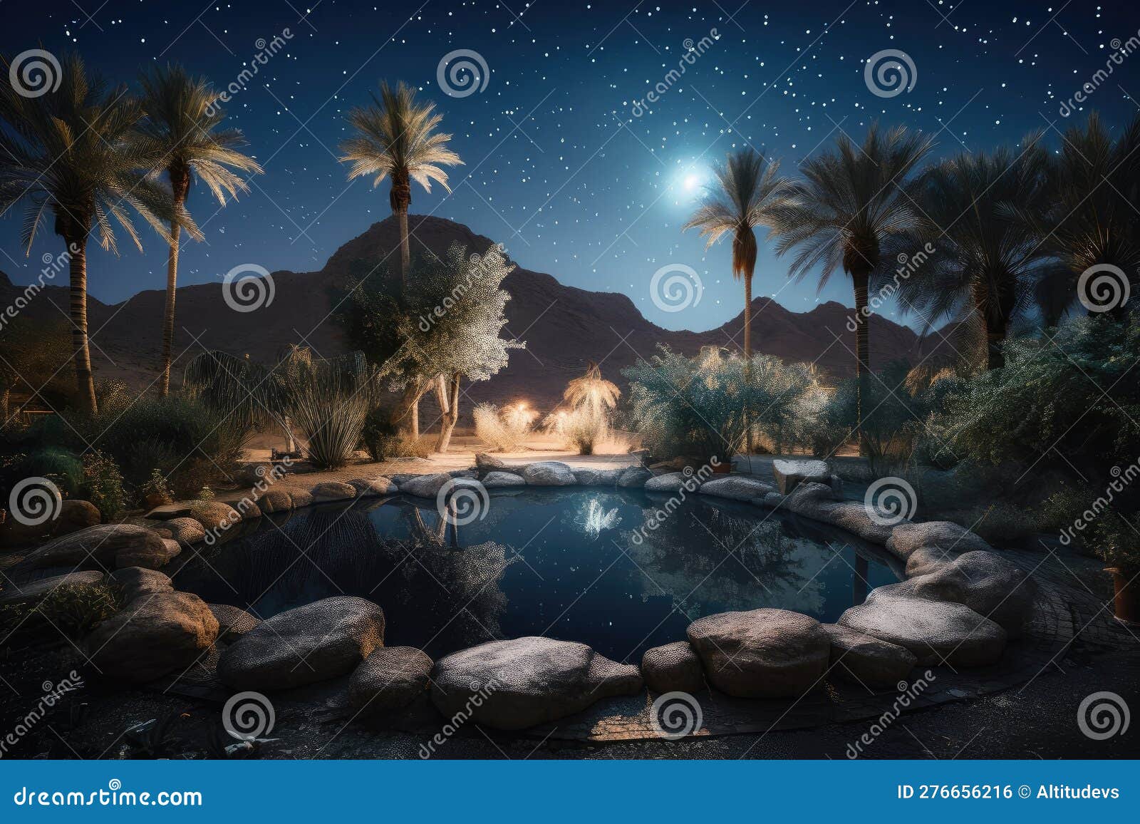 Oasis with View of the Stars and Moon in a Starry Night Sky Stock ...