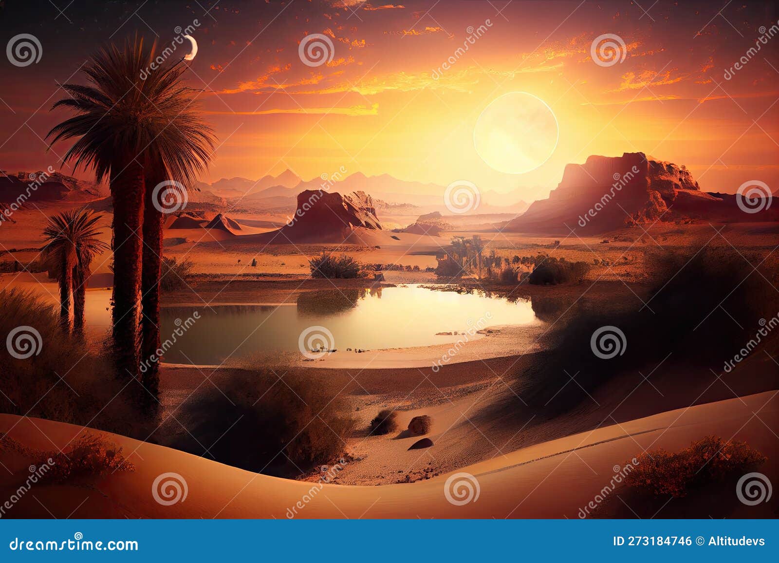 Oasis, with View of the Sun Setting Over Desert Landscape, Bringing ...