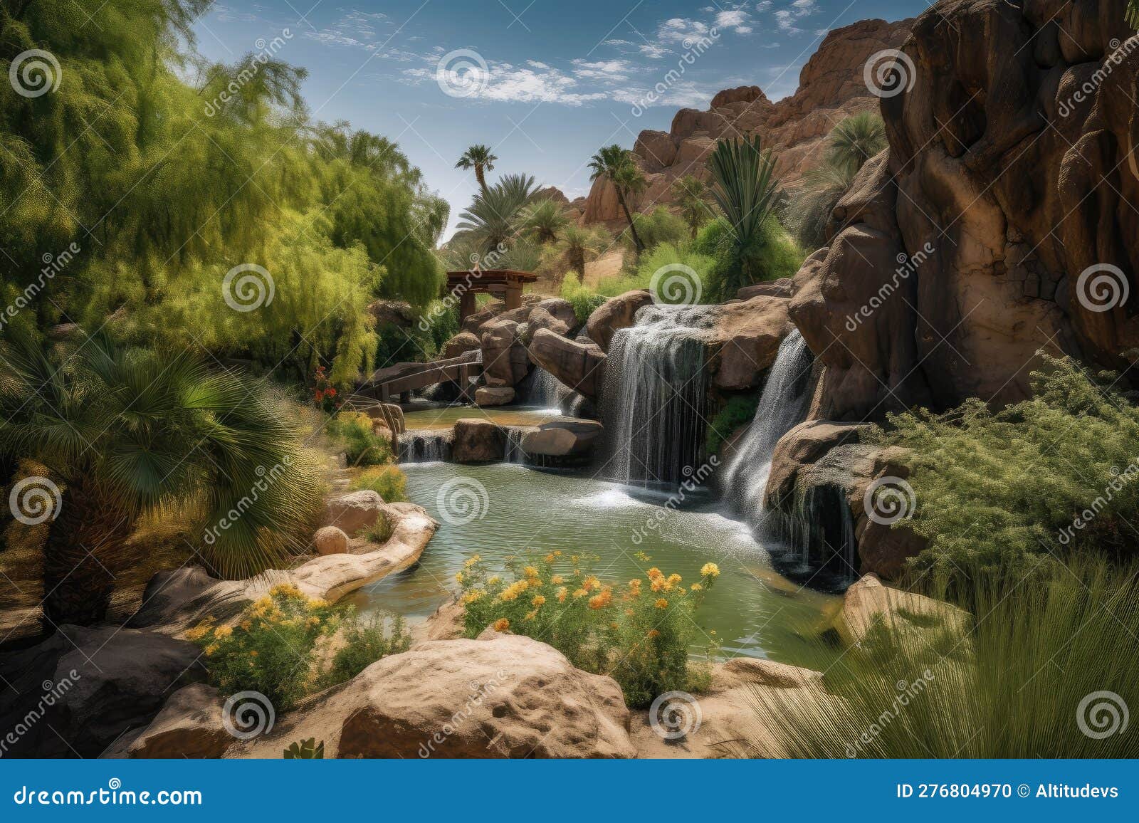 Oasis with Waterfall and Flowing Stream, Surrounded by Desert Landscape ...