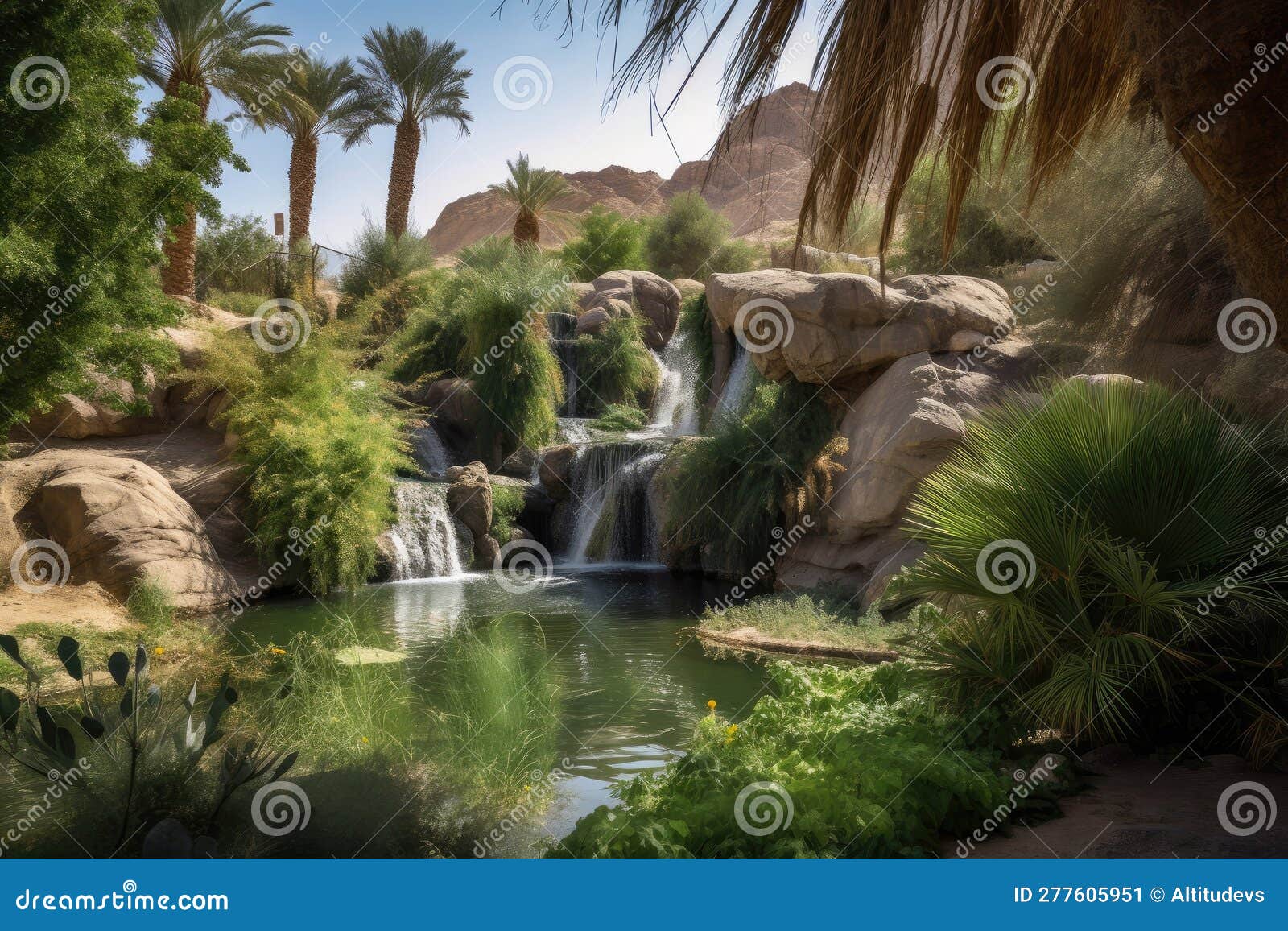 Oasis with Waterfall and Lush Greenery in the Desert Stock Illustration ...