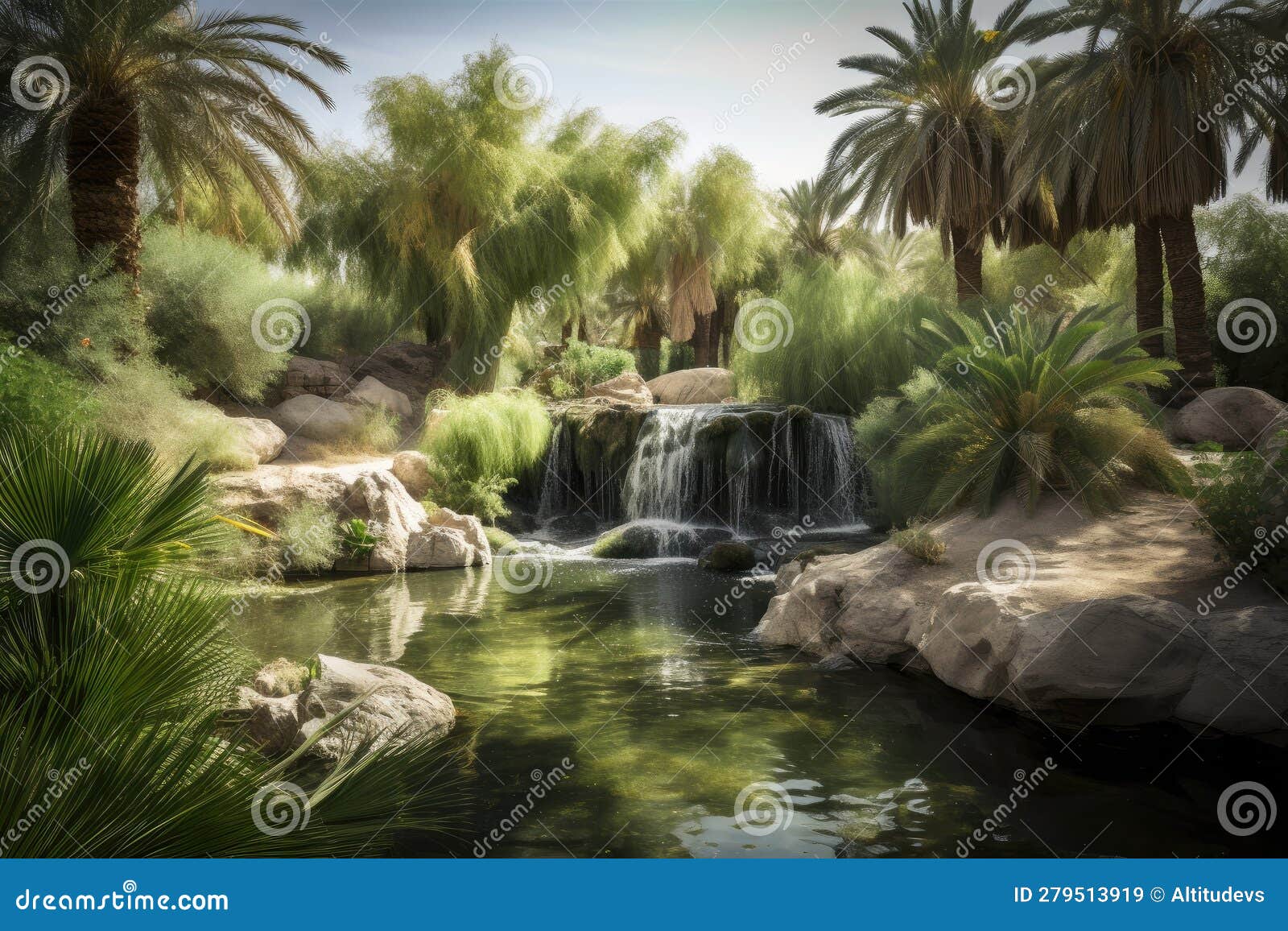 Oasis with Waterfall and Lush Greenery in the Desert Stock Image ...