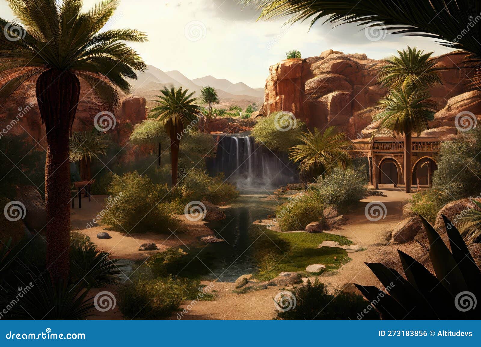 Oasis with Waterfall and Lush Greenery, Surrounded by Desert Stock ...